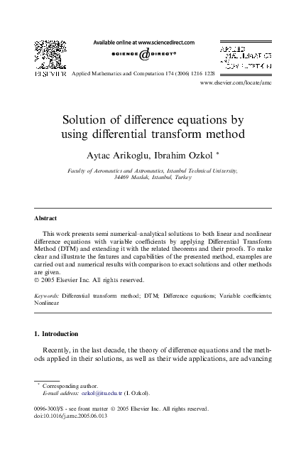(PDF) Solution of difference equations by using differential transform method