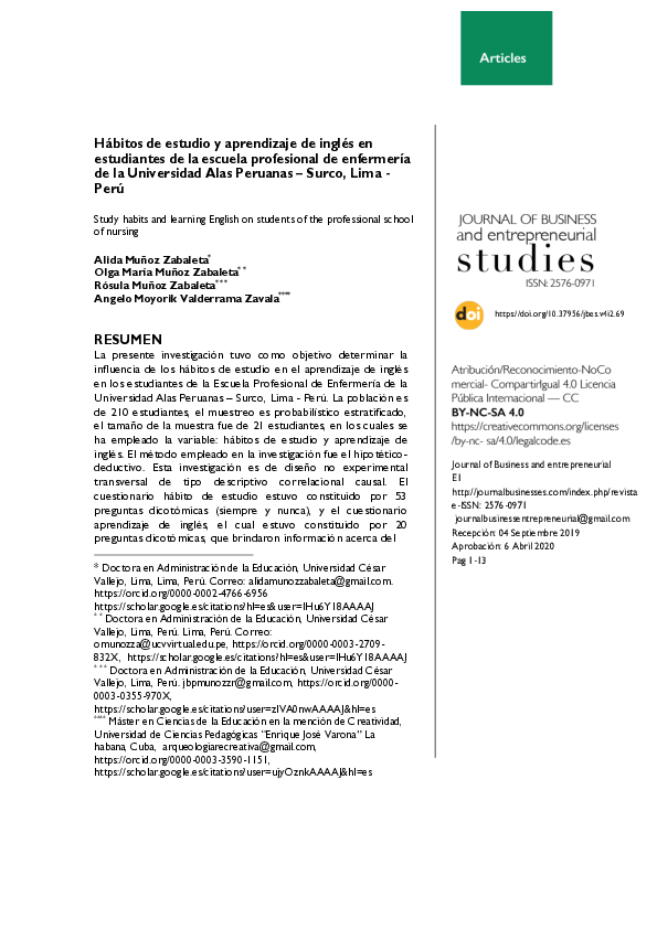 (PDF) Hábitos de estudio y aprendizaje de inglés en estudiantes de la ...