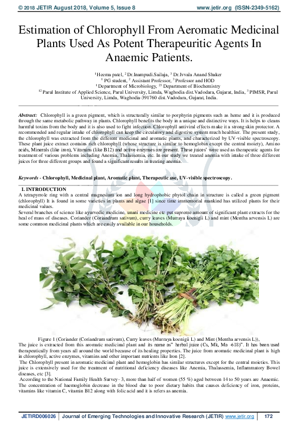 (PDF) Estimation of Chlorophyll From Aeromatic Medicinal Plants Used As Potent Therapeuritic ...
