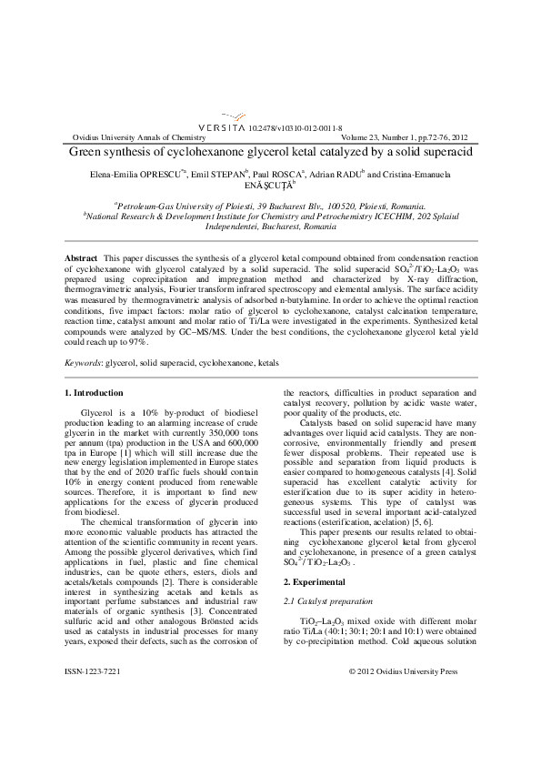 (PDF) Green synthesis of cyclohexanone glycerol ketal catalyzed by a ...