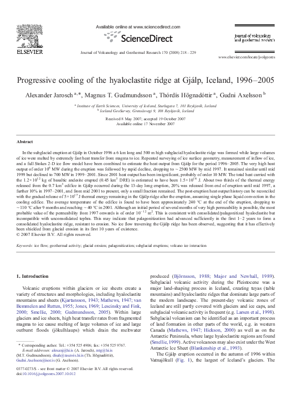 (PDF) Progressive cooling of the hyaloclastite ridge at Gjálp, Iceland ...
