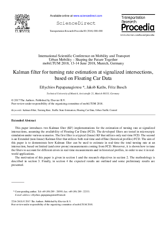 (PDF) Kalman filter for turning rate estimation at signalized intersections, based on Floating ...