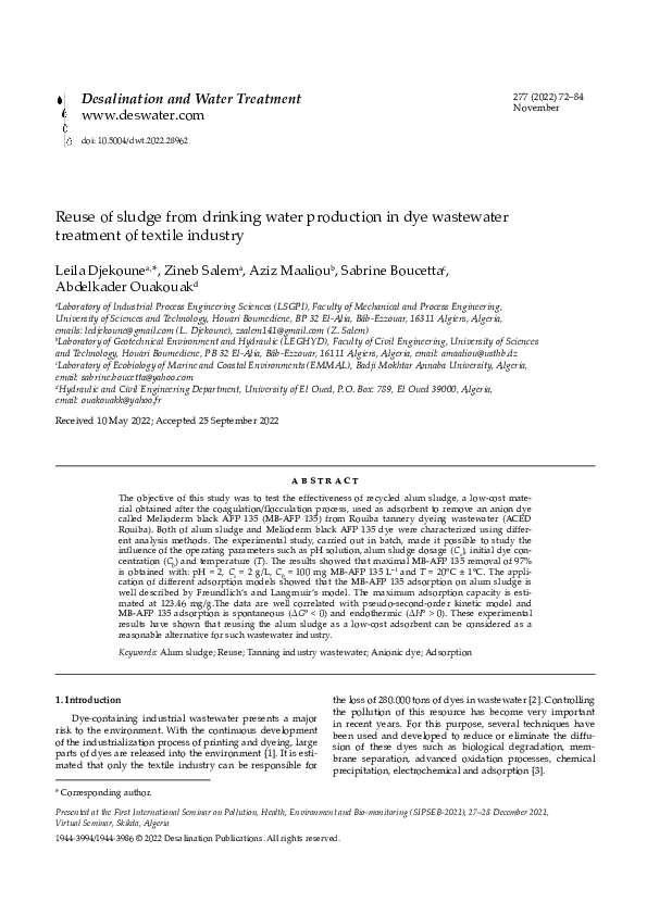 (PDF) Alum Sludge for Dye Removal in Wastewater