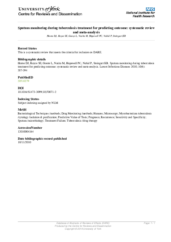 (PDF) Sputum monitoring during tuberculosis treatment for predicting ...