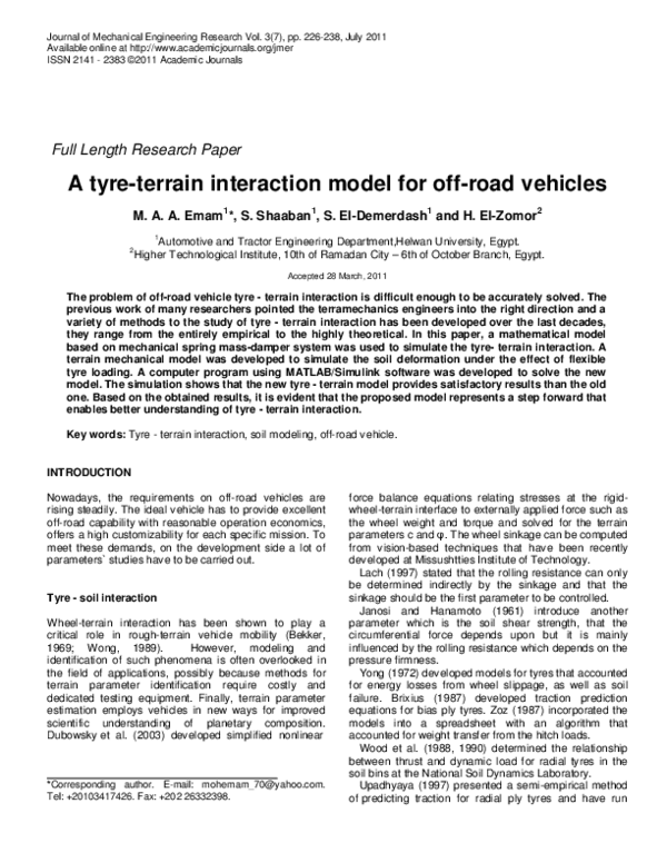 Pdf A Tyre Terrain Interaction Model For Off Road Vehicles