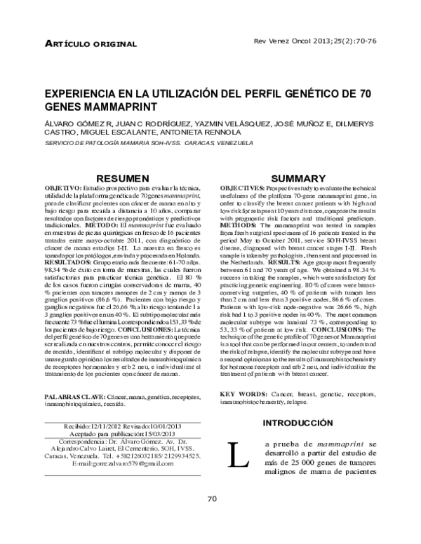 (PDF) Experiencia en la Utilización del Perfil Genético de 70 Genes ...