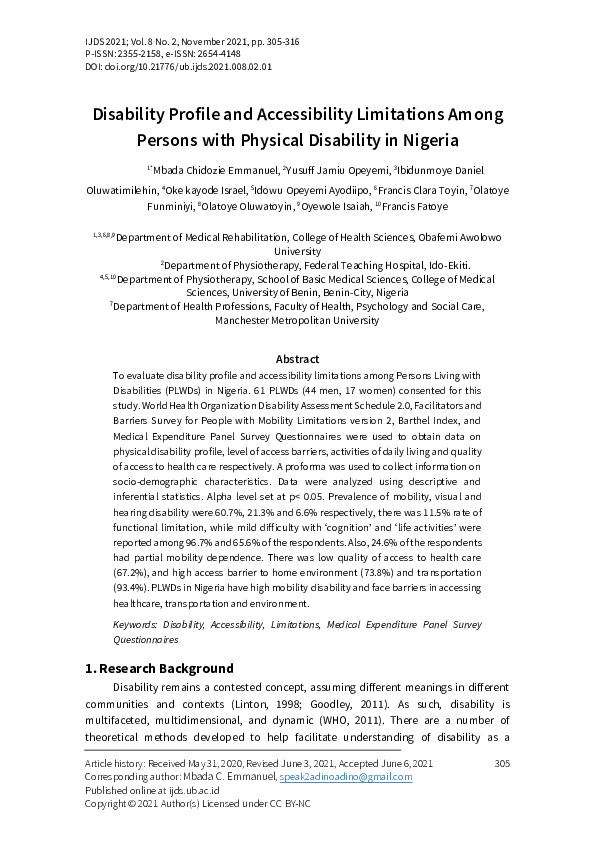 (PDF) Disability Profile and Accessibility Limitations among Persons ...
