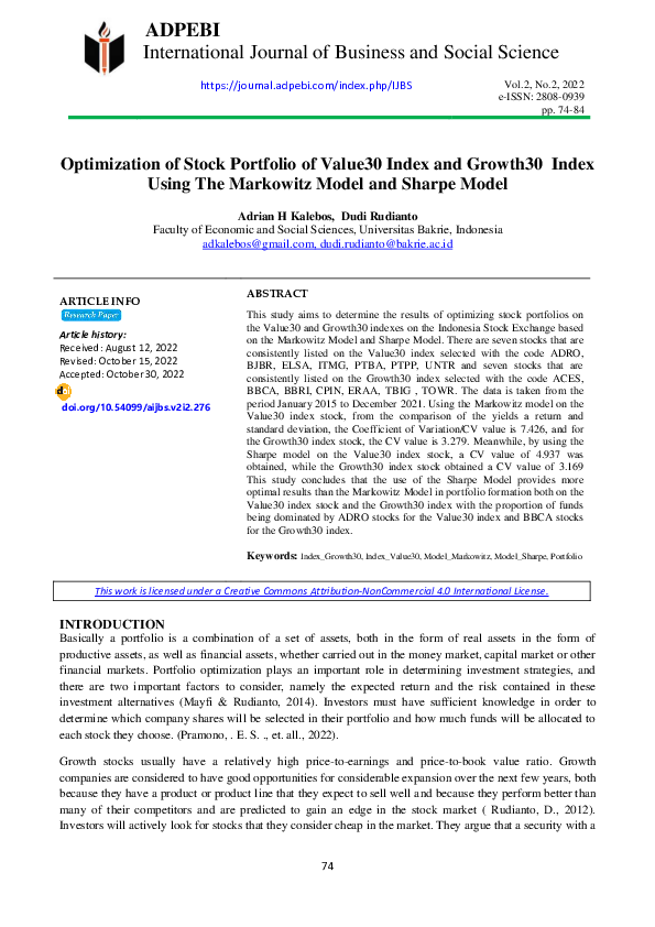 Pdf Optimization Of Stock Portfolio Of Value30 Index And Growth30 Index Using The Markowitz