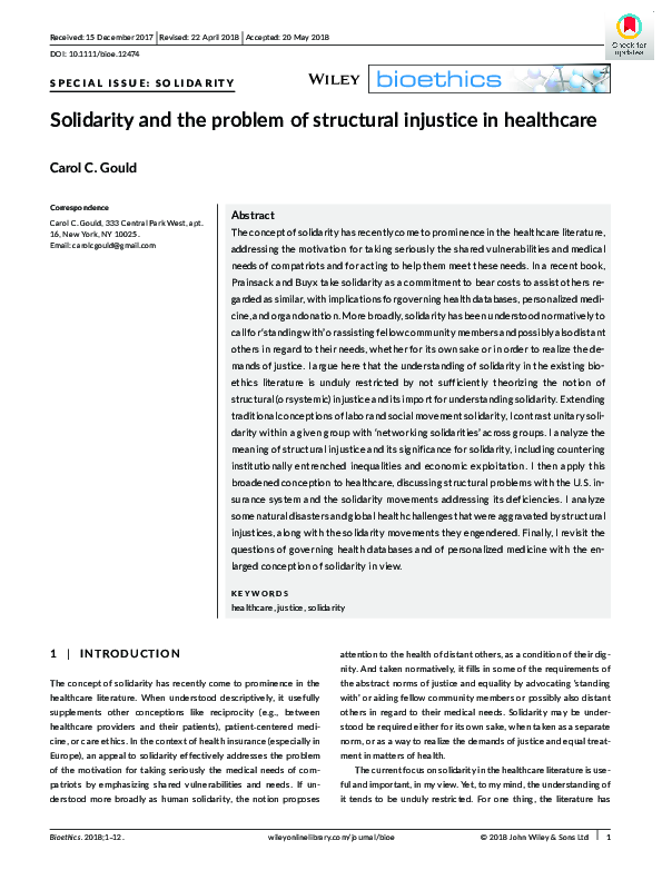 (PDF) Solidarity and the problem of structural injustice in healthcare