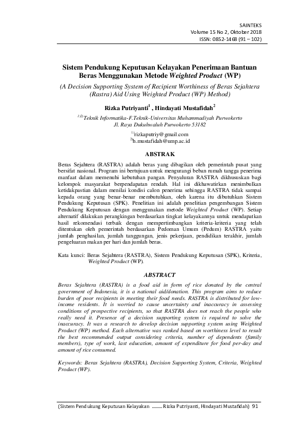(PDF) Sistem Pendukung Keputusan Kelayakan Penerimaan Bantuan Beras Menggunakan Metode Weighted ...