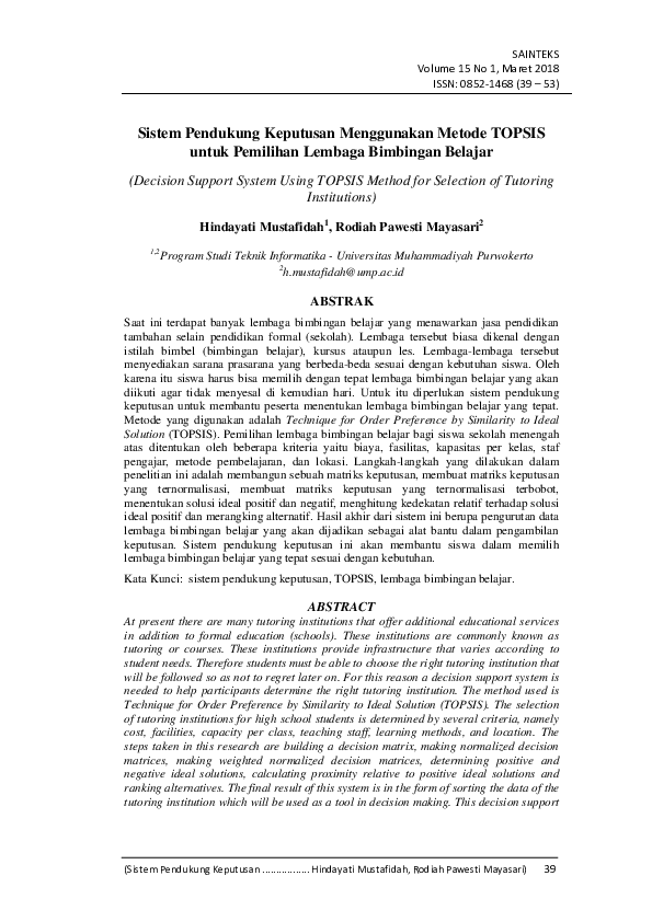 (PDF) Sistem Pendukung Keputusan Menggunakan Metode TOPSIS untuk Pemilihan Lembaga Bimbingan Belajar