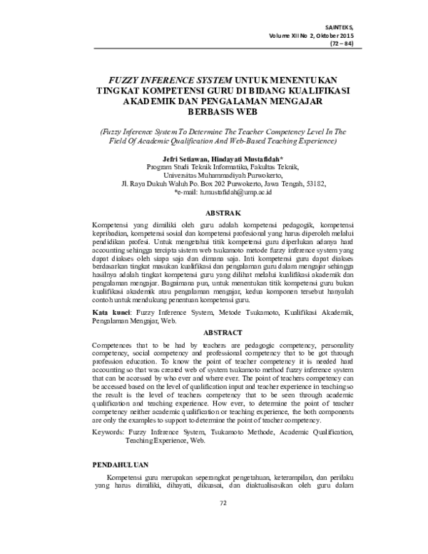 (PDF) Fuzzy Inference System Untuk Menentukan Tingkat Kompetensi Guru Di Bidang Kualifikasi ...