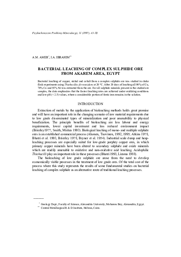 (PDF) Bacterial Leaching of Complex Sulphide Ore from Akarem Area, Egypt