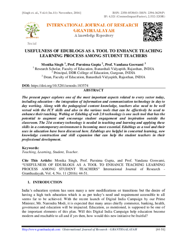 (PDF) Usefulness of Edublogs as a Tool to Enhance Teaching Learning Process Among Student Teachers