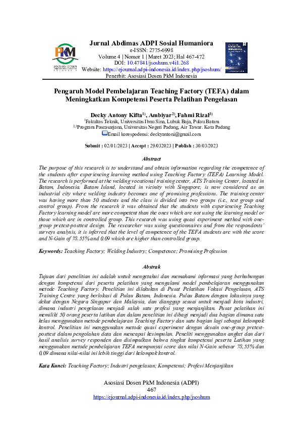 (PDF) Pengaruh Model Pembelajaran Teaching Factory (TEFA) dalam ...