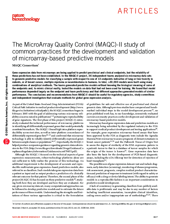 (PDF) The MicroArray Quality Control (MAQC)-II study of common practices for the development and ...