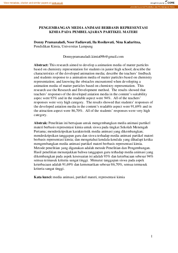 (PDF) Pengembangan Media Animasi Berbasis Representasi Kimia Pada Pembelajaran Partikel Materi