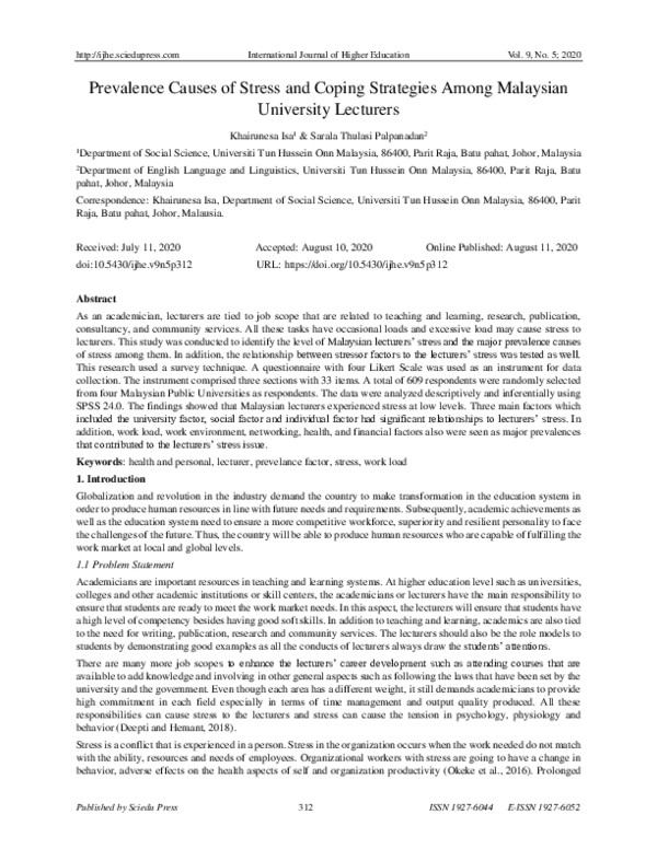 (PDF) Prevalence Causes of Stress and Coping Strategies Among Malaysian University Lecturers