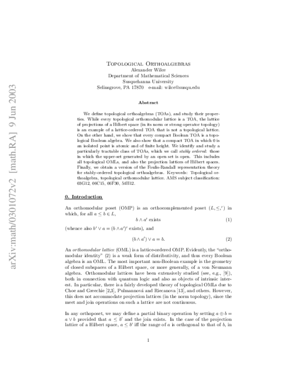 (PDF) Topological Orthoalgebras