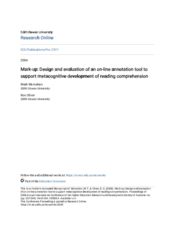 (PDF) Mark-up: Evaluating an Online Tool for Metacognitive Reading