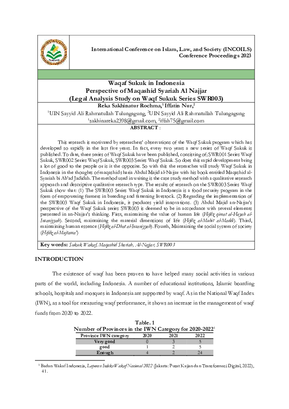 (PDF) Waqaf Sukuk in Indonesia Perspective of Maqashid Syariah Al Najjar (Legal Analysis Study ...