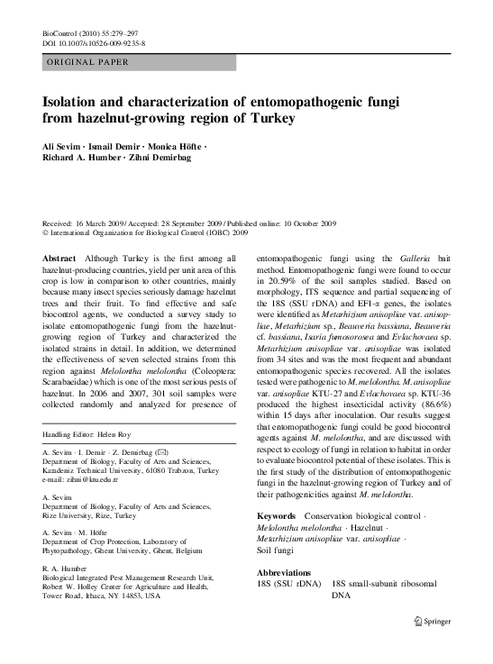 (PDF) Isolation and characterization of entomopathogenic fungi from hazelnut-growing region of ...