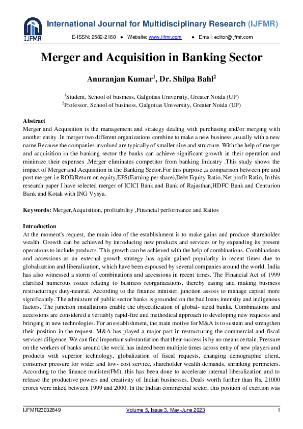 (PDF) Merger and Acquisition in Banking Sector