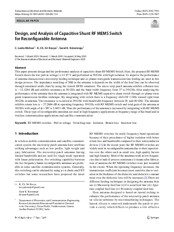 (PDF) Design, and Analysis of Capacitive Shunt RF MEMS Switch for Reconfigurable Antenna