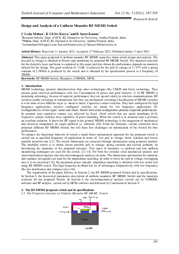 (PDF) Design and Analysis of a Uniform Meander RF MEMS Switch
