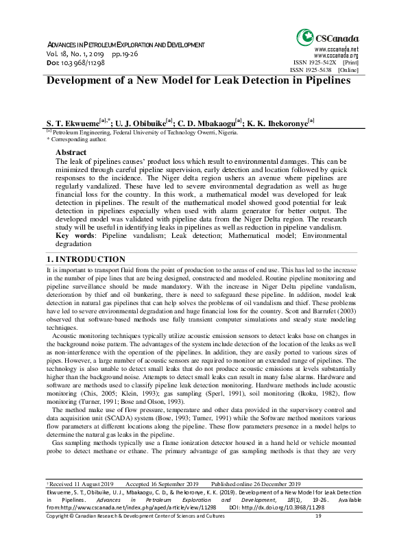 (PDF) Development of a New Model for Leak Detection in Pipelines