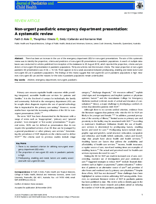 (PDF) Non‐urgent paediatric emergency department presentation: A ...