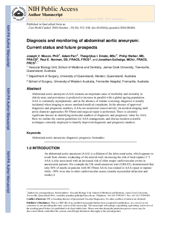 (PDF) Diagnosis and Monitoring of Abdominal Aortic Aneurysm: Current ...