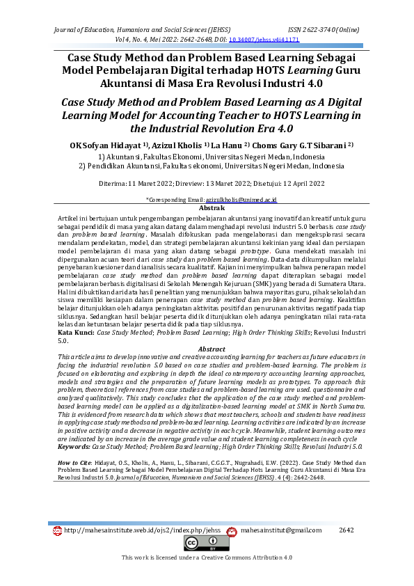 (PDF) Case Study Method dan Problem Based Learning Sebagai Model Pembelajaran Digital terhadap ...