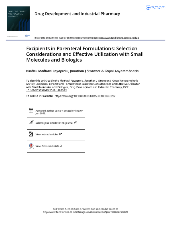 (PDF) Excipients in parenteral formulations: selection considerations ...