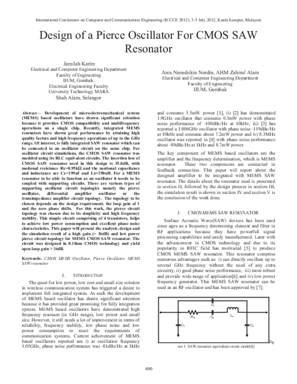 (PDF) Design of a pierce oscillator for CMOS SAW resonator