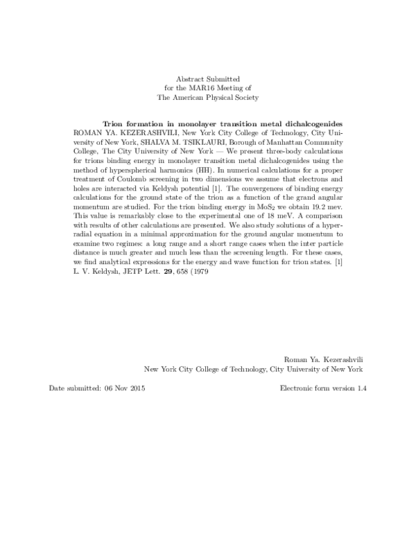 (PDF) Trion formation in monolayer transition metal dichalcogenides