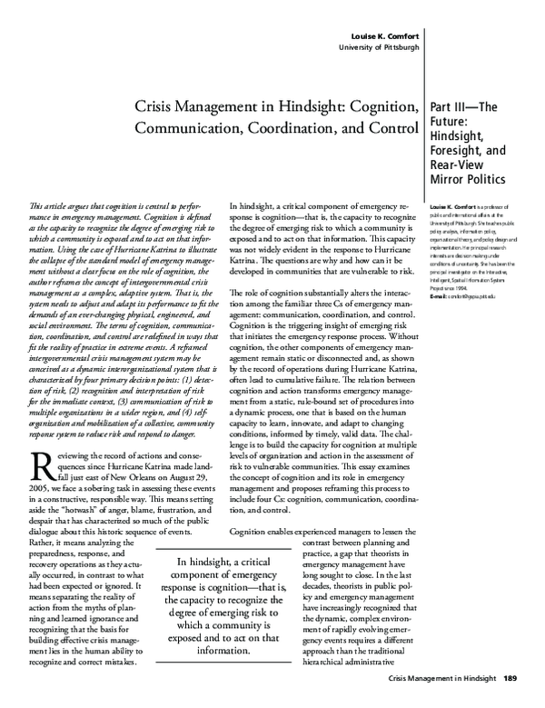 (PDF) Crisis Management in Hindsight: Cognition, Communication, Coordination, and Control
