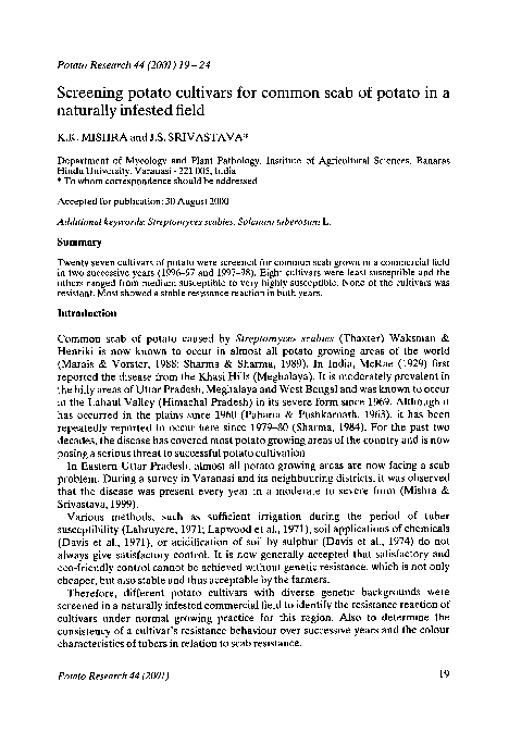 (PDF) Screening potato cultivars for common scab of potato in a ...