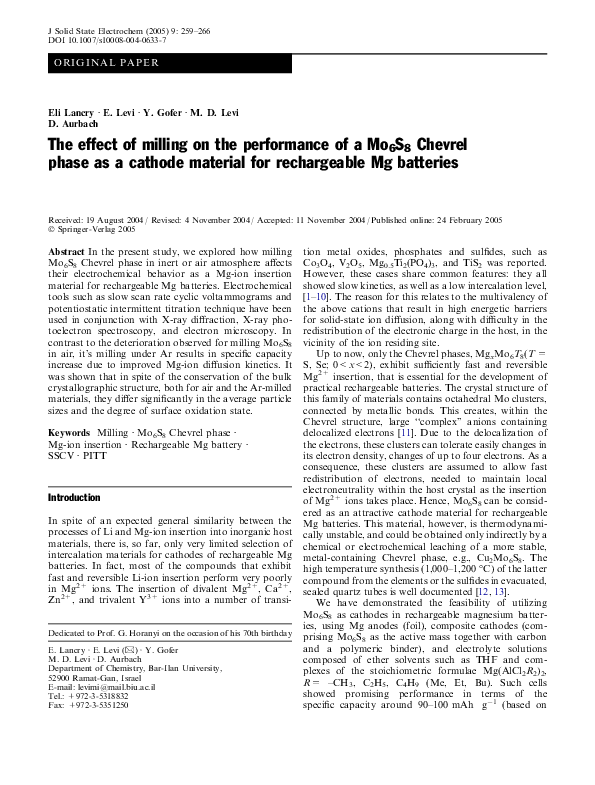 (PDF) The effect of milling on the performance of a Mo6S8 Chevrel phase ...