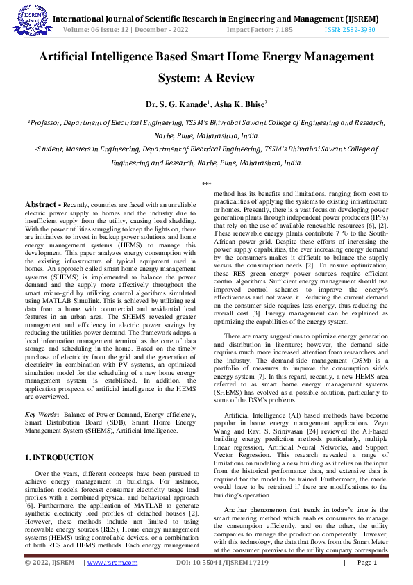 (PDF) Artificial Intelligence Based Smart Home Energy Management System: A Review | asha bhise ...