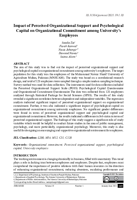(PDF) Impact of Perceived Organizational Support and Psychological Capital on Organizational ...