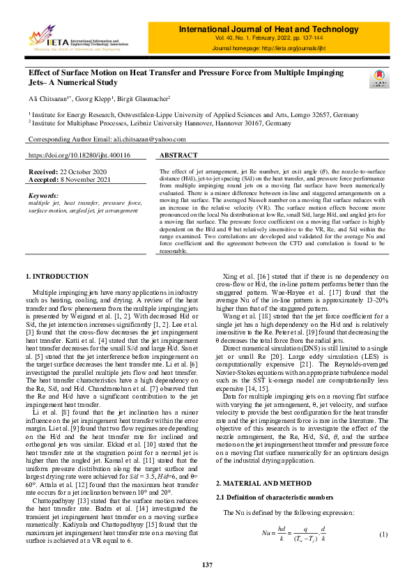 (PDF) Effect of Surface Motion on Heat Transfer and Pressure Force from Multiple Impinging Jets ...