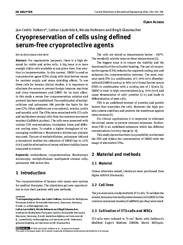 (PDF) Cryopreservation of cells using defined serum-free cryoprotective ...
