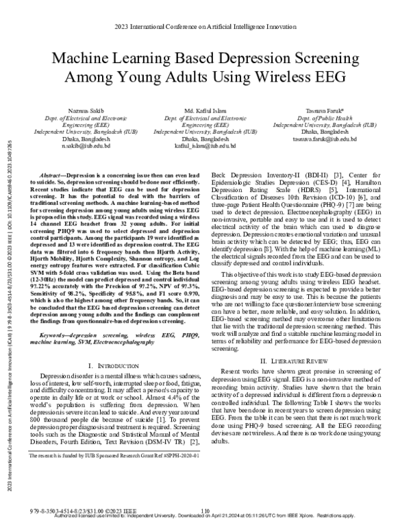 (PDF) Machine Learning Based Depression Screening Among Young Adults Using Wireless EEG