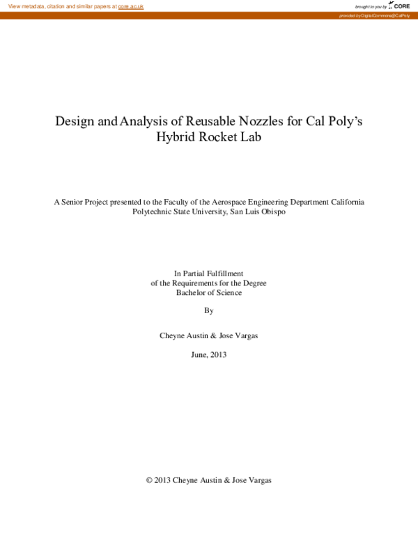 (PDF) Design and Analysis of Reusable Nozzles for Cal Poly’s Hybrid Rocket Lab