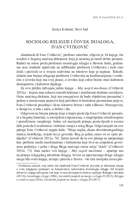 (PDF) Sociolog Religije I Čovek Dijaloga, Ivan Cvitković