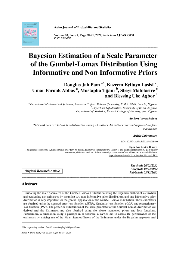(PDF) Bayesian Estimation of a Scale Parameter of the Gumbel-Lomax Distribution Using ...