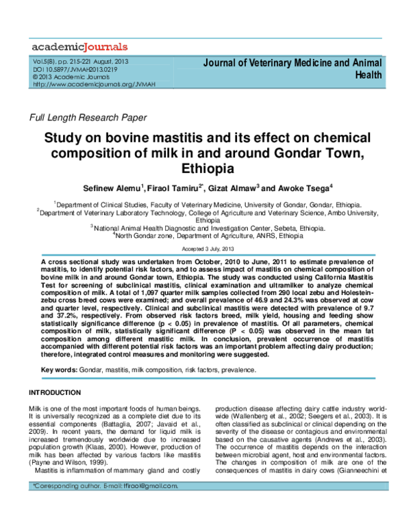 (PDF) Study on bovine mastitis and its effect on chemical composition ...
