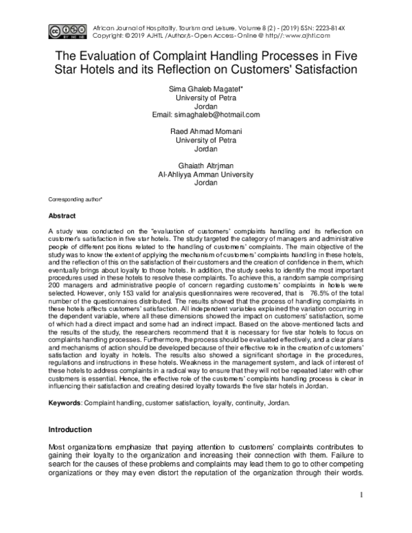 (PDF) The Evaluation of Complaint Handling Processes in Five Star ...