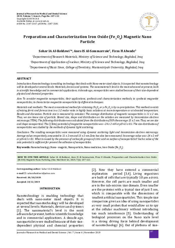 (PDF) Preparation and Characterization Iron Oxide (Fe3O4) Magnetic Nano ...